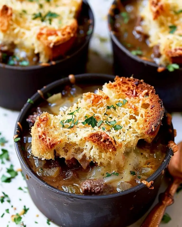 French Onion Beef Stew with Cheesy Bread Topping - Cooked by Maya