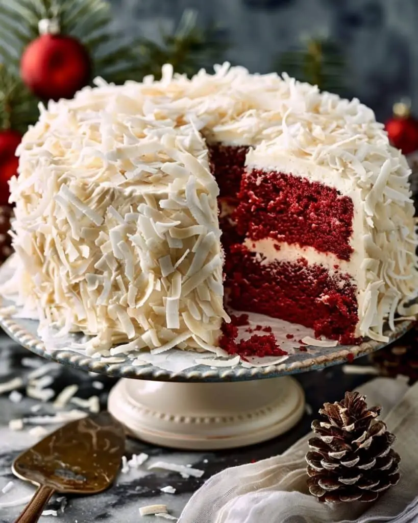 Festive Red Velvet Snowball Cake with Fluffy Coconut Frosting - Cooked ...