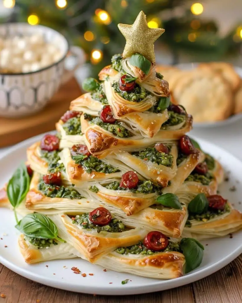 Basil Pesto Cheesy Puff Pastry Tree - Cooked by Maya