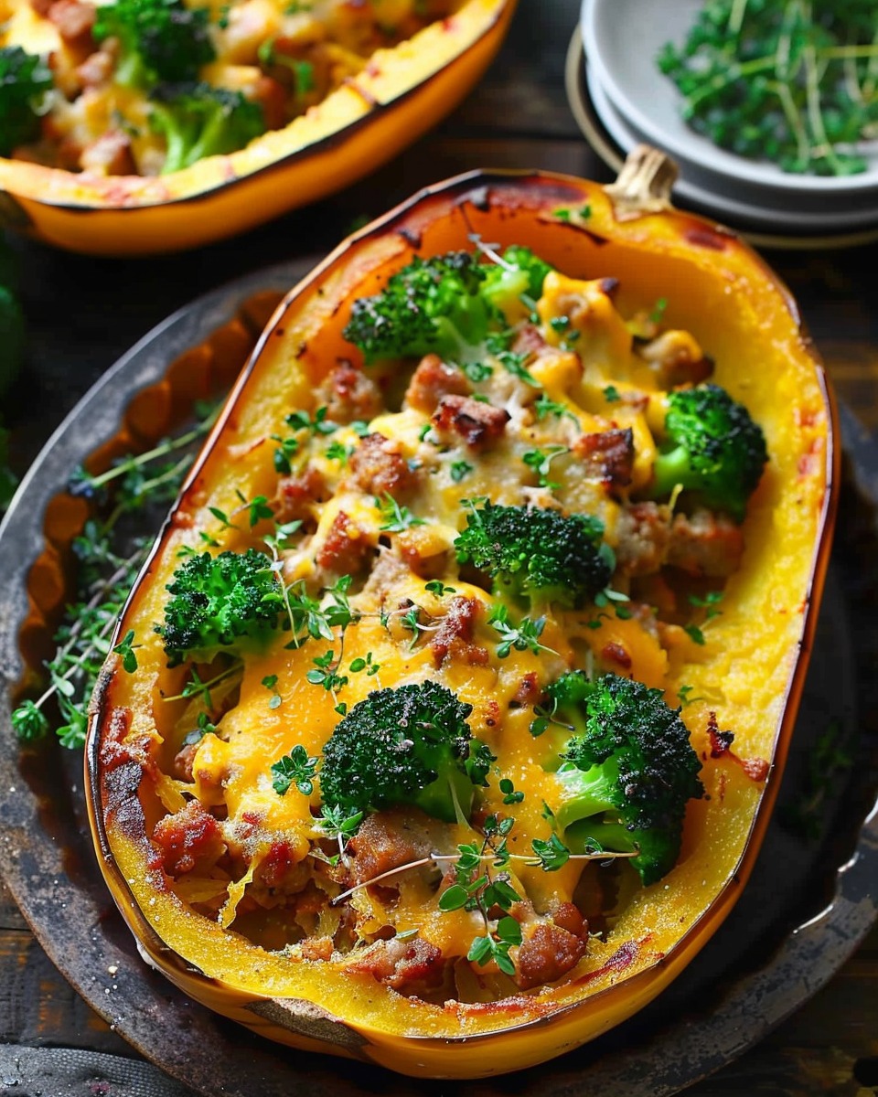 Stuffed Spaghetti Squash with Broccoli, Sausage, and Cheddar Cheese ...