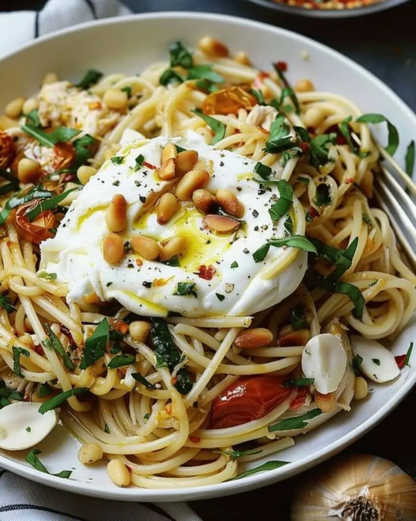 Chicken Spaghetti with Burrata, Pine Nuts, & Lemon Butter Garlic Sauce ...
